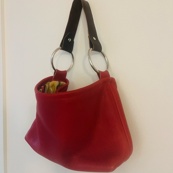 Bags | Capisce Red Leather Shoulder Bag Modern Chic With Ring Handles ...
